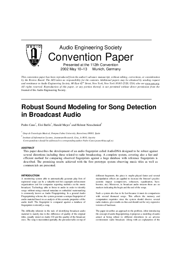 (PDF) Robust Sound Modeling for Song Detection in Broadcast Audio