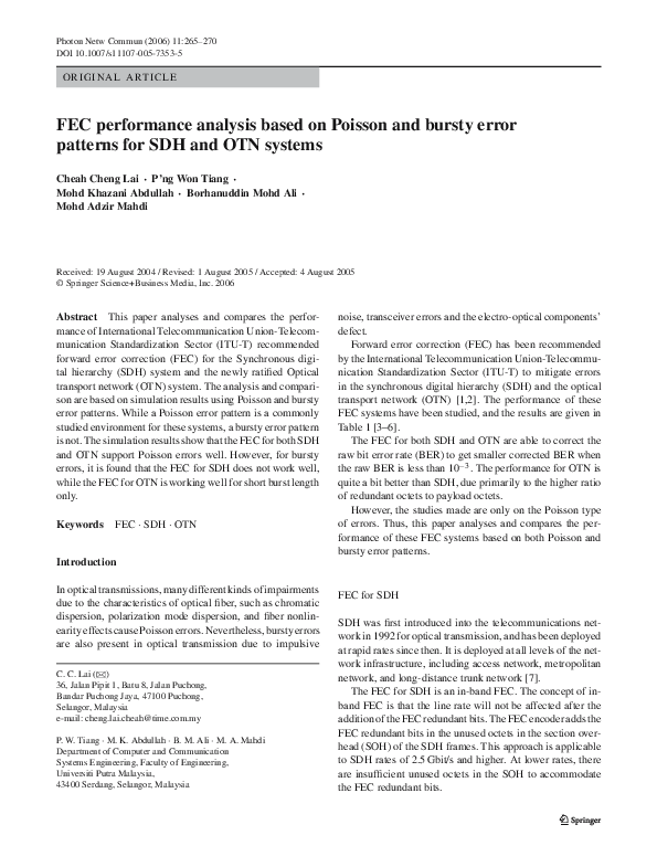 (PDF) FEC Performance Analysis Based on Poisson and Bursty Error Patterns for SDH and OTN Systems