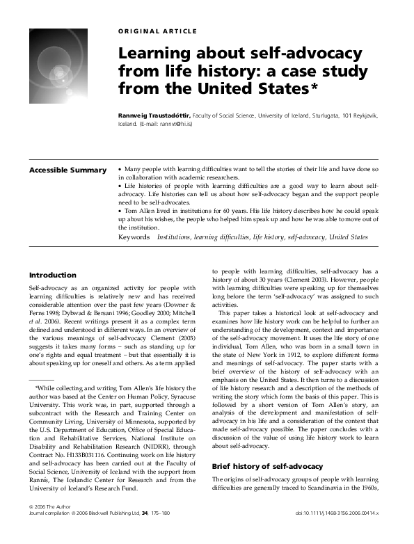 (PDF) Learning about self-advocacy from life history: a case study from ...