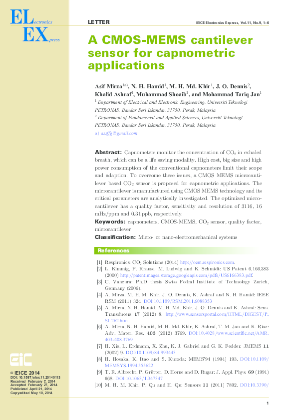 Pdf A Cmos Mems Cantilever Sensor For Capnometric Applications
