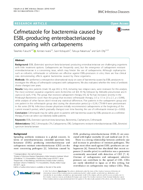 (PDF) Cefmetazole for bacteremia caused by ESBL-producing ...