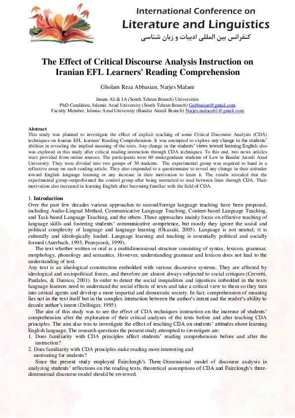 (PDF) The Effect of Critical Discourse Analysis Instruction on Iranian EFL Learners' Reading ...