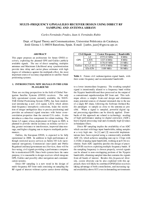 Pdf Multi Frequency Gpsgalileo Receiver Design Using Direct Rf Sampling And Antenna Arrays