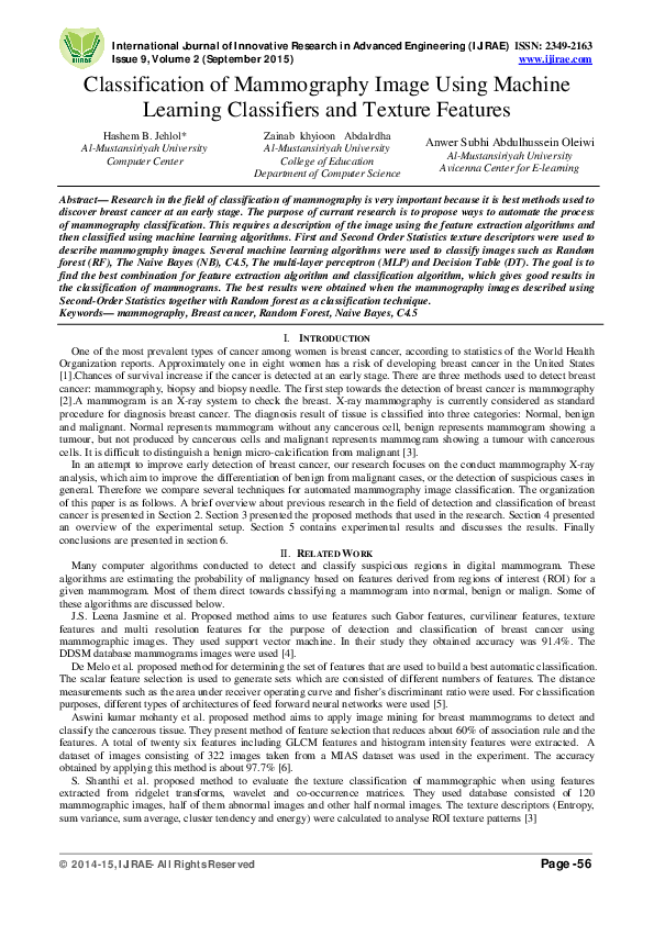 (PDF) Classification of Mammography Image Using Machine Learning ...