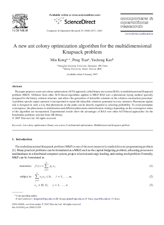 Pdf A New Ant Colony Optimization Algorithm For The Multidimensional Knapsack Problem Peng