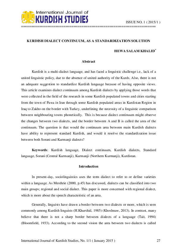 (PDF) Kurdish Dialect Continuum, as a Standardization Solution