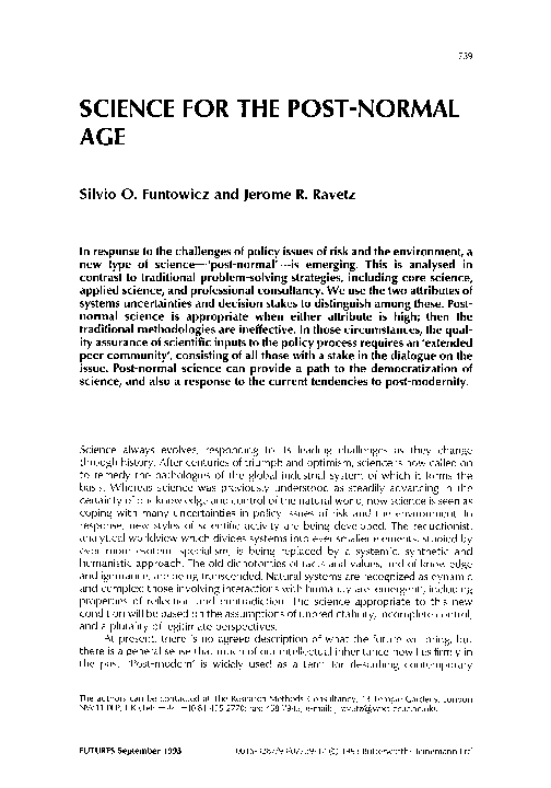 (PDF) SCIENCE FOR THE POST-NORMAL AGE