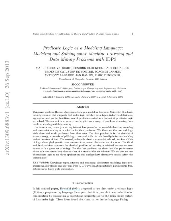 Pdf Predicate Logic As A Modeling Language Modeling And Solving Some Machine Learning And