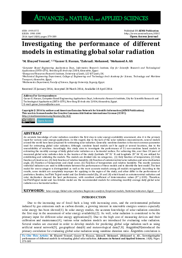 Pdf Investigating The Performance Of Different Models In Estimating Global Solar Radiation