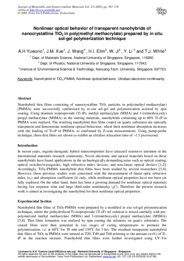 (PDF) Nonlinear Optical Behavior of Transparent Nanohybrids of Nanocrystalline TiO 2 in Poly ...