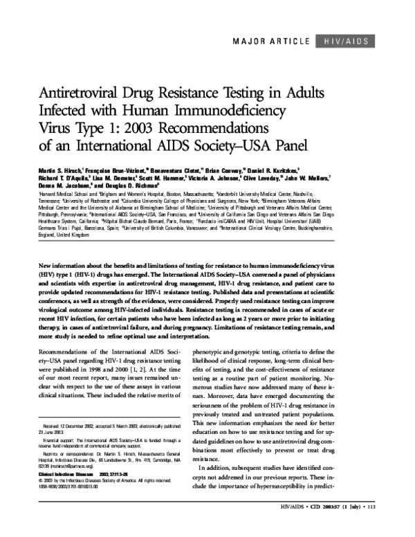 (PDF) Antiretroviral Drug Resistance Testing in Adult HIV1 Infection