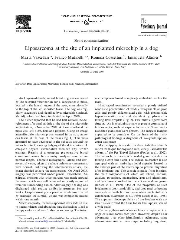 (PDF) Liposarcoma at the site of an implanted microchip in a dog
