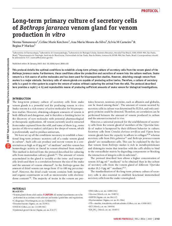 (PDF) Long-term primary culture of secretory cells of Bothrops jararaca ...