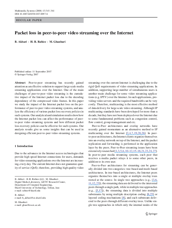 (PDF) Packet loss in peer-to-peer video streaming over the Internet