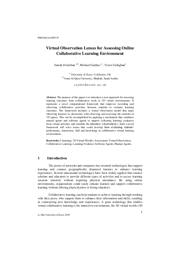 (PDF) Virtual Observation Lenses for Assessing Online Collaborative Learning Environments