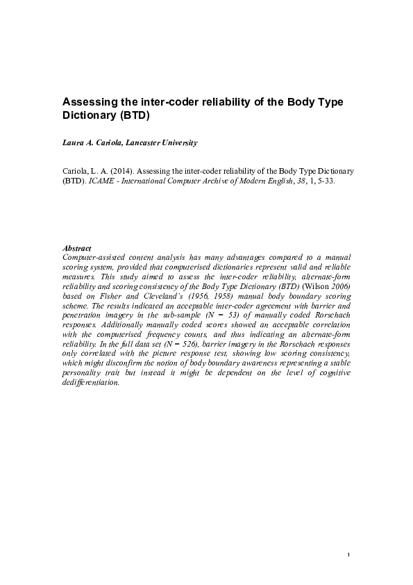 (PDF) Assessing the inter-coder reliability of the Body Type Dictionary (BTD).