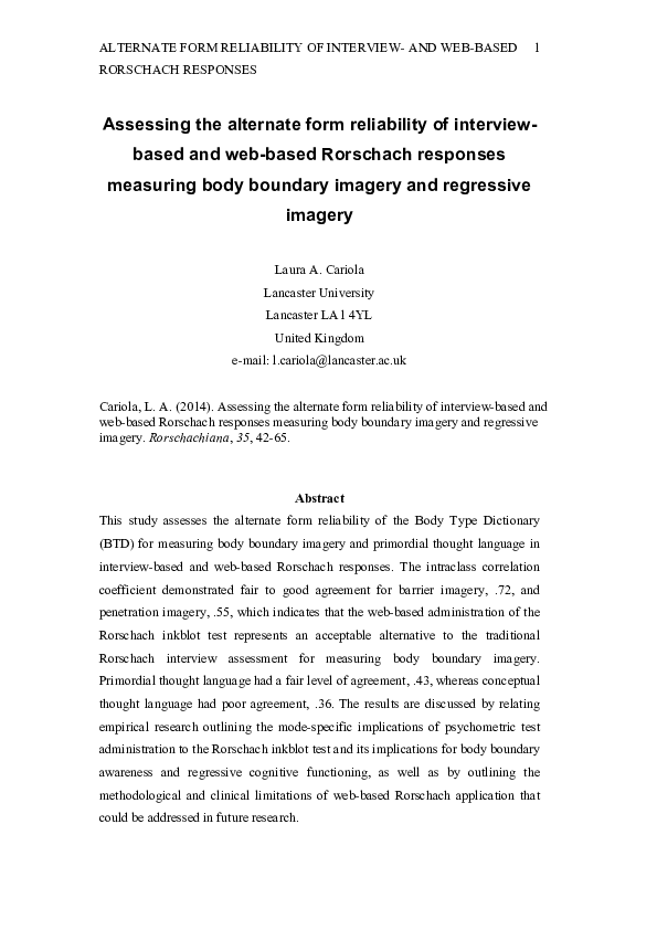 (PDF) Assessing the alternate form reliability of interview-based and web-based Rorschach ...