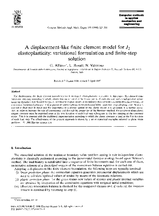(PDF) A displacement-like finite element model for J 2 elastoplasticity: Variational formulation ...
