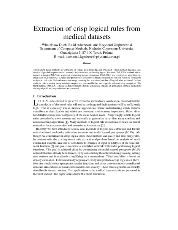 (PDF) Extraction of crisp logical rules from medical datasets