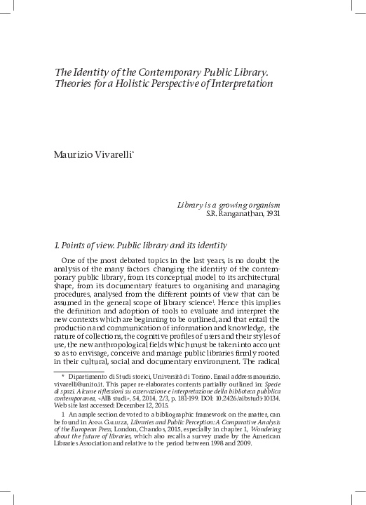 (PDF) The Identity of the Contemporary Public Library. Theories for a ...