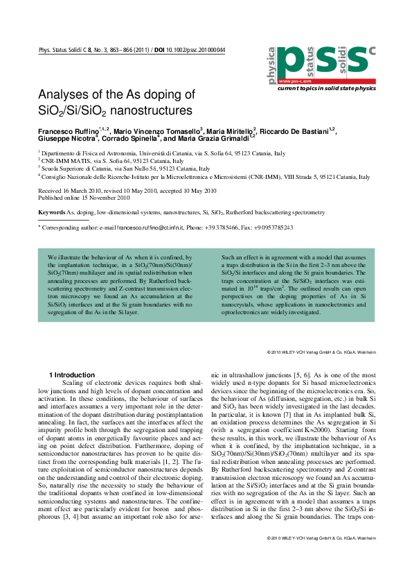 (PDF) Analyses of the As doping of SiO2/Si/SiO2 nanostructures