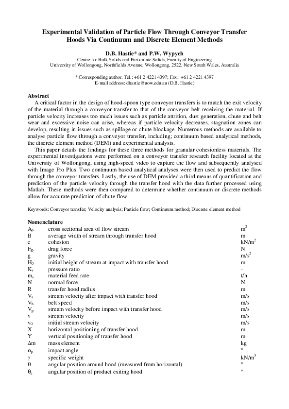 (PDF) Experimental validation of particle flow through conveyor transfer hoods via continuum and ...
