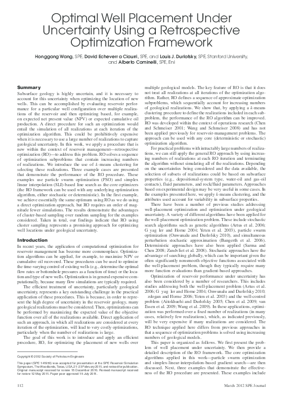 (PDF) Optimal well placement under uncertainty using a Retrospective Optimization framework