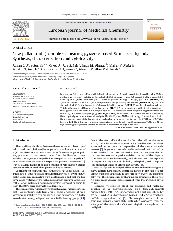 (PDF) New palladium(II) complexes bearing pyrazole-based Schiff base ligands: Synthesis ...