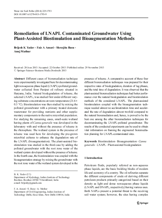 (PDF) Remediation of LNAPL Contaminated Groundwater Using Plant ...