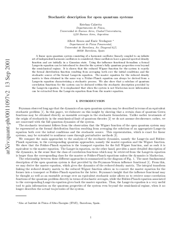Pdf Stochastic Description For Open Quantum Systems
