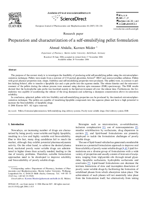 Pdf Preparation And Characterization Of A Self Emulsifying Pellet Formulation