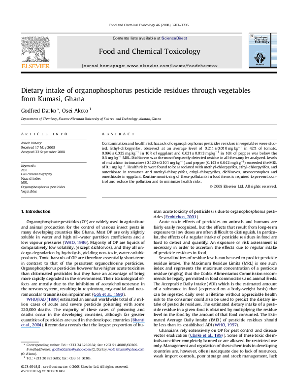 PDF Dietary Intake Of Organophosphorus Pesticide Residues Through PDF Dietary Intake Of Organophosphorus Pesticide Residues Through