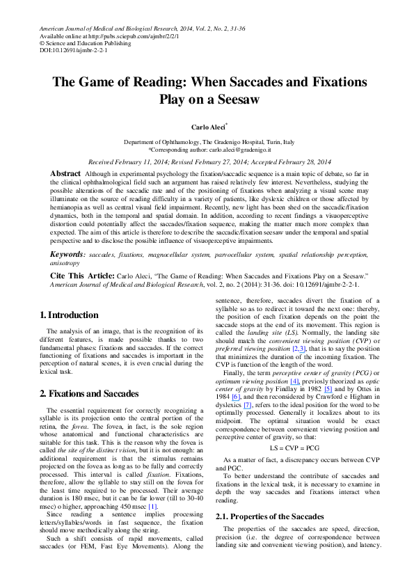 (PDF) The Game of Reading: When Saccades and Fixations Play on a Seesaw