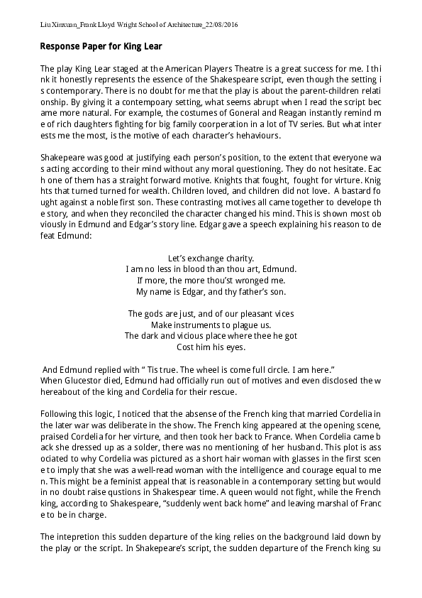 (DOC) Personal Response to King Lear: A 2016 Staging Review