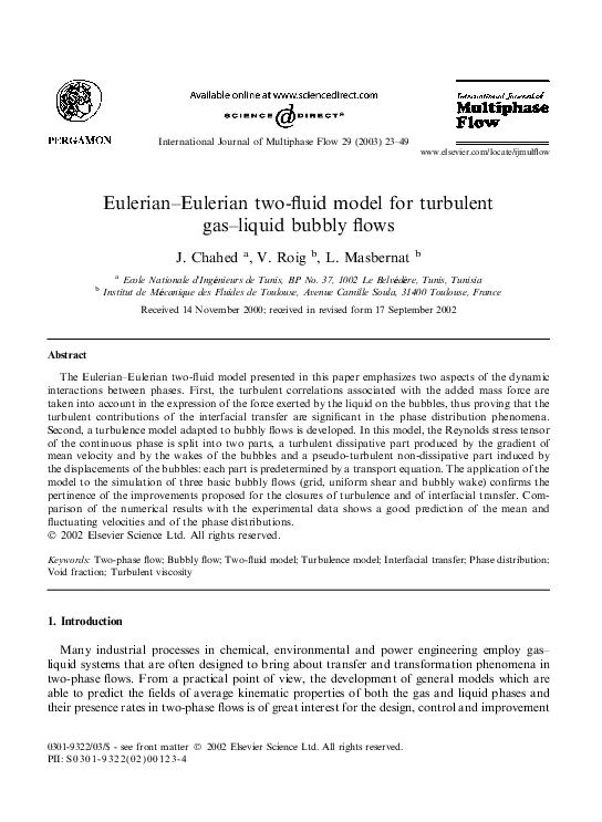 Pdf Eulerian Eulerian Two Fluid Model For Turbulent Gas Liquid Bubbly Flows