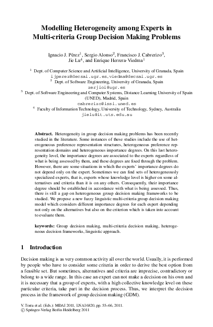 Pdf Modelling Heterogeneity Among Experts In Multi Criteria Group Decision Making Problems