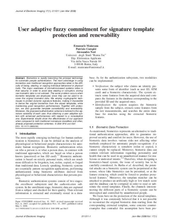 (PDF) User adaptive fuzzy commitment for signature template protection and renewability