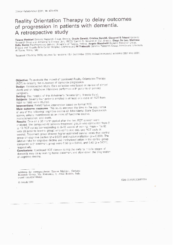 (PDF) Reality Orientation Therapy to delay outcomes of progression in ...