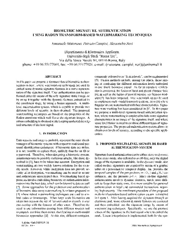 Pdf Biometric Signature Authentication Using Radon Transform Based Watermarking Techniques