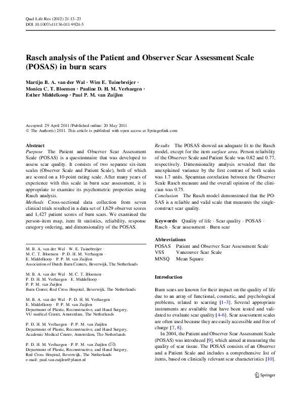 (PDF) Rasch analysis of the Patient and Observer Scar Assessment Scale ...