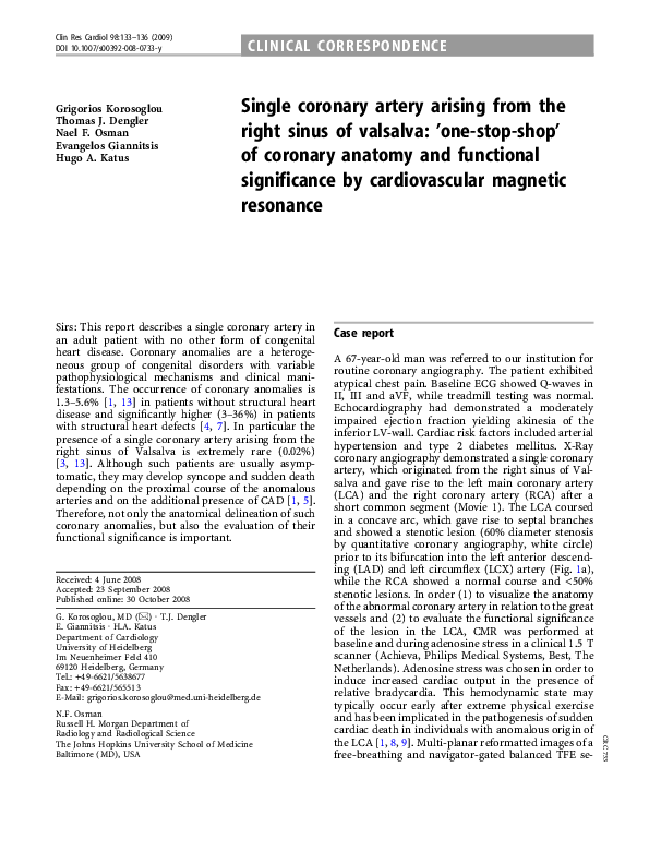 (PDF) Single coronary artery arising from the right sinus of valsalva ...