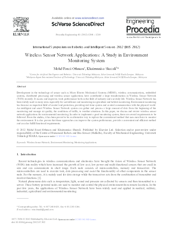 (PDF) Wireless Sensor Network Applications: A Study in Environment Monitoring System