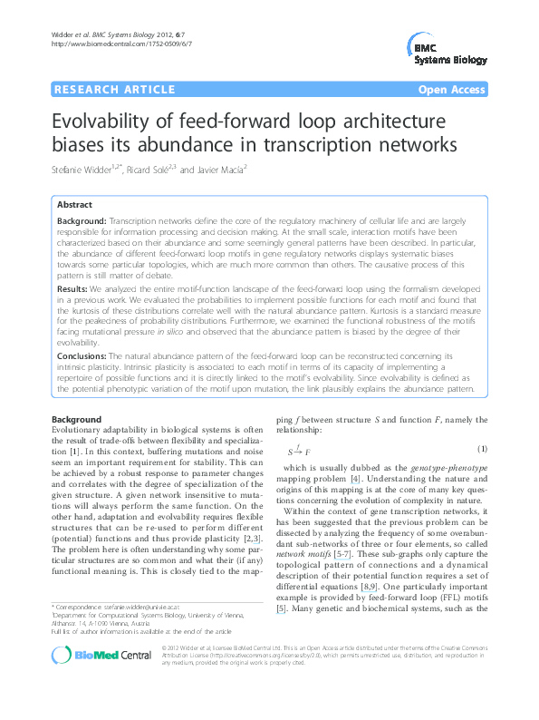 (PDF) Evolvability of feed-forward loop architecture biases its ...
