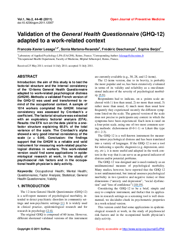 (PDF) Factor structure and reliability of the General Health ...
