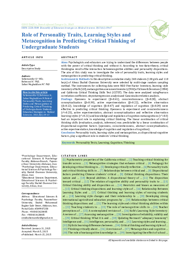 (PDF) Role of Personality Traits, Learning Styles and Metacognition in ...