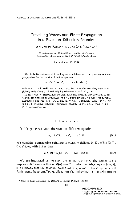 Pdf Travelling Waves And Finite Propagation In A Reaction Diffusion Equation