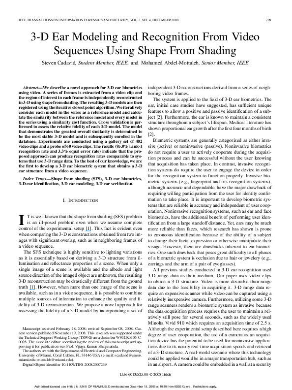 (PDF) 3-D Ear Modeling and Recognition From Video Sequences Using Shape From Shading