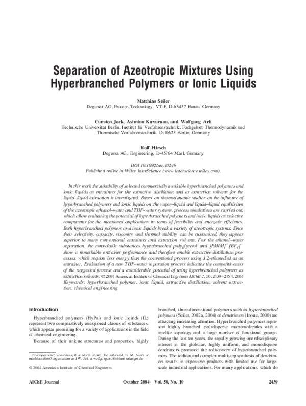(PDF) Separation of azeotropic mixtures using hyperbranched polymers or ionic liquids