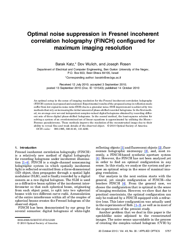 Pdf Optimal Noise Suppression In Fresnel Incoherent Correlation Holography Finch Configured