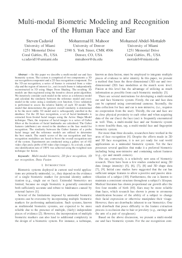 (PDF) Multi-modal biometric modeling and recognition of the human face and ear